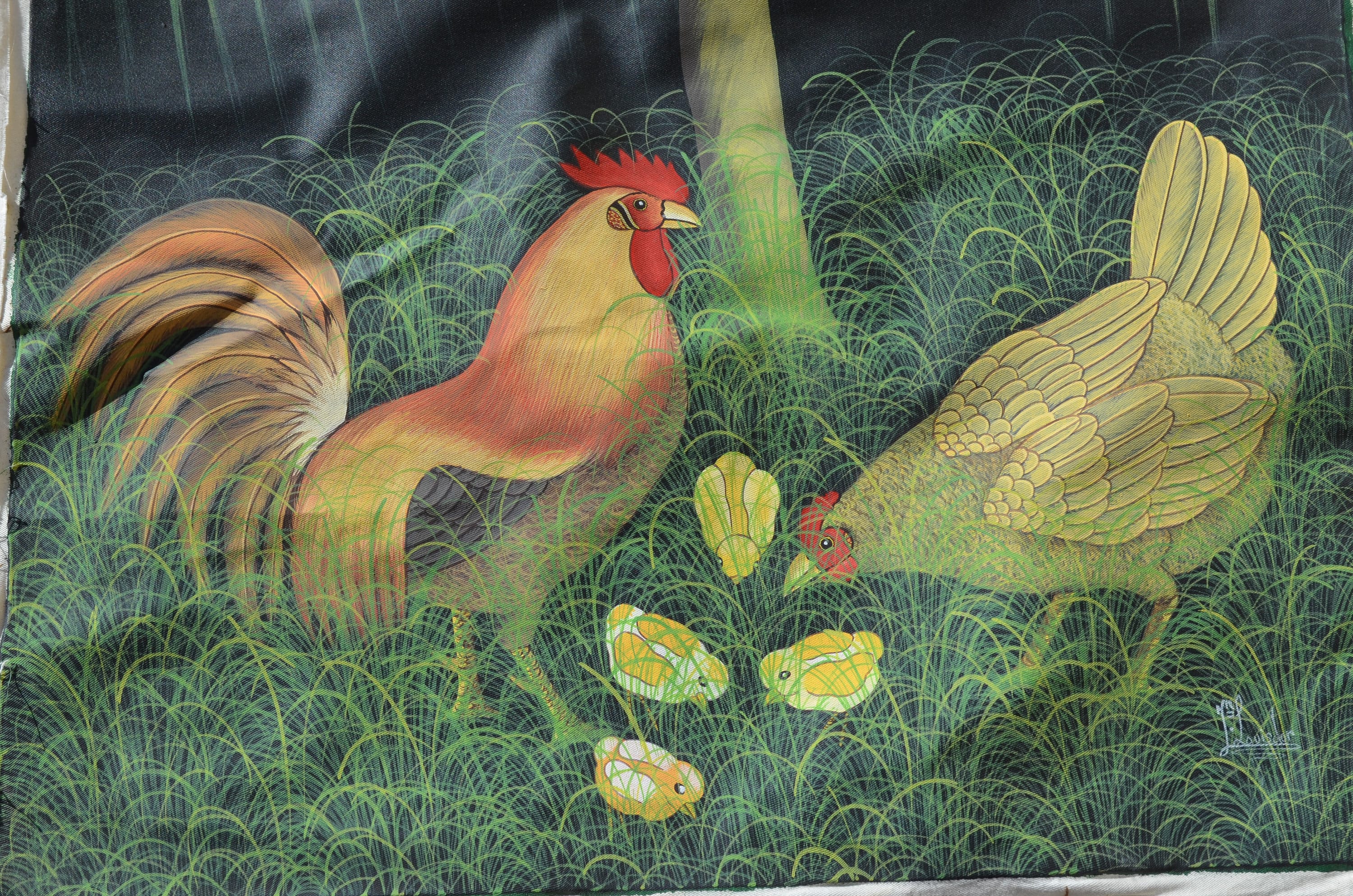 Vintage Batik Folk Art Chicken Painting Rooster with Mother | Etsy