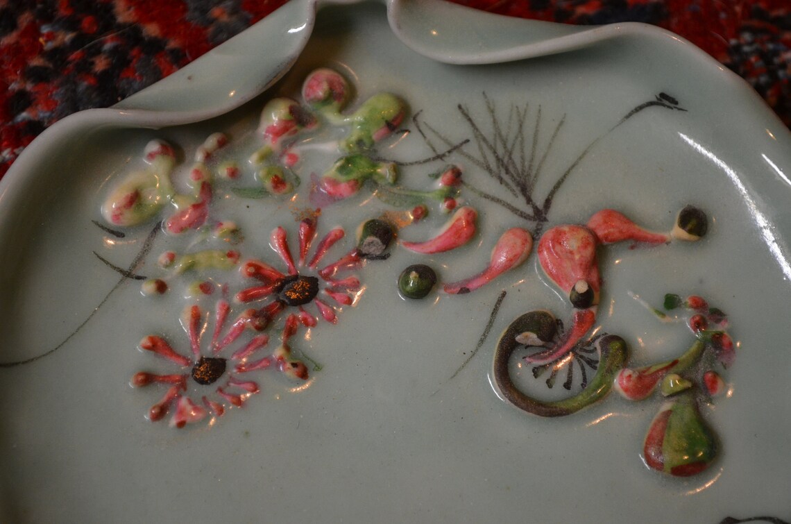 Green Jadeite Pottery Plate, Artists Signature, Raised Floral and Leaf ...