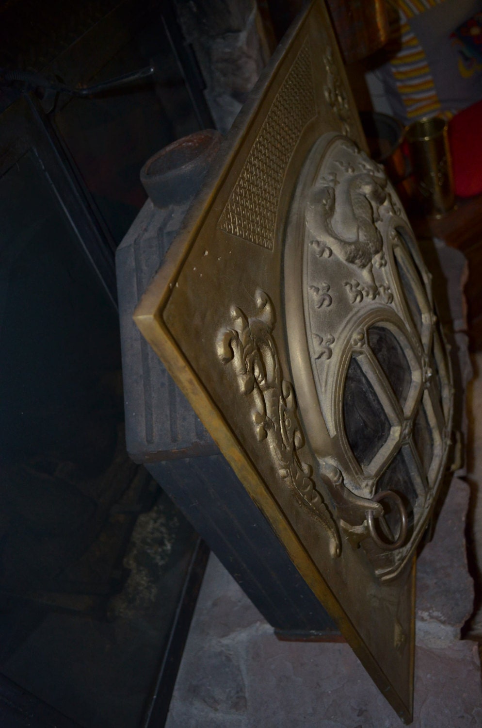 Antique Gothic Revival Solid Brass Metal Fireplace Insert W Dragon ...