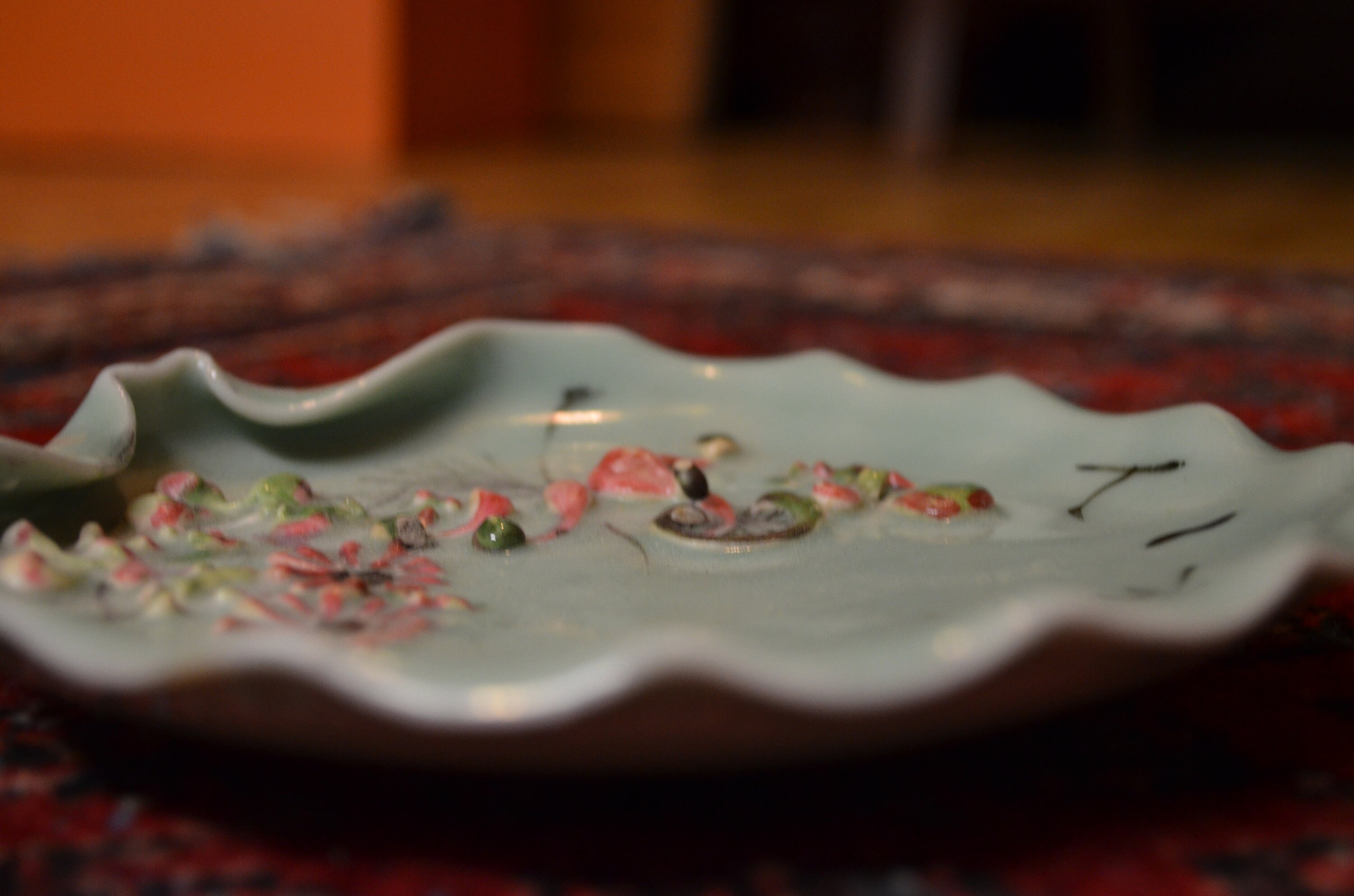 Green Jadeite Pottery Plate, Artists Signature, Raised Floral and Leaf ...