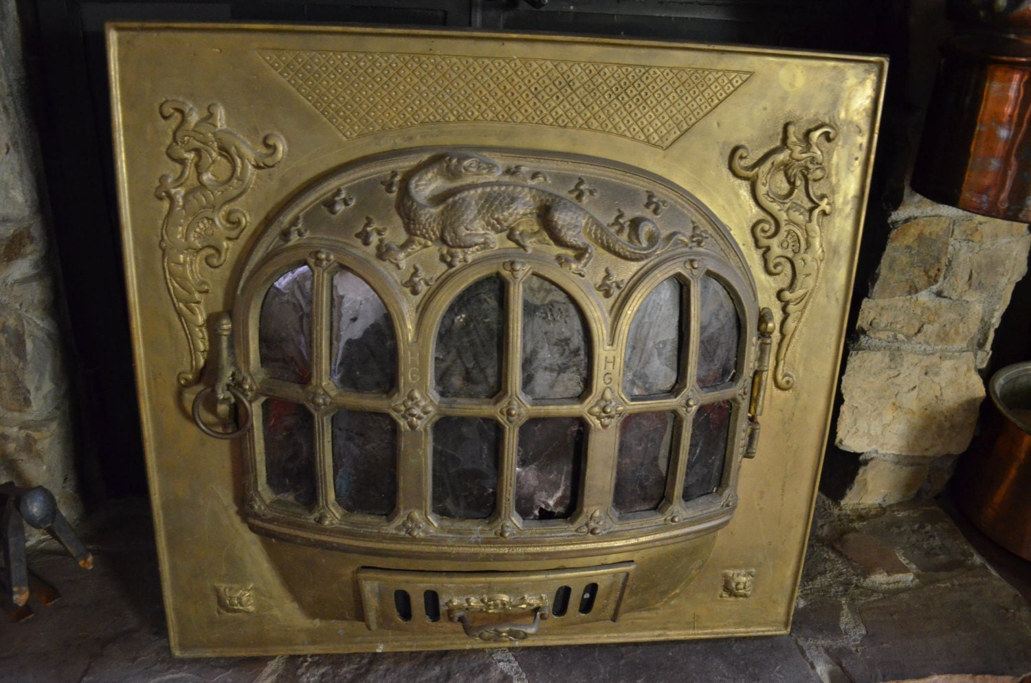 Antique Gothic Revival Solid Brass Metal Fireplace Insert W Dragon ...