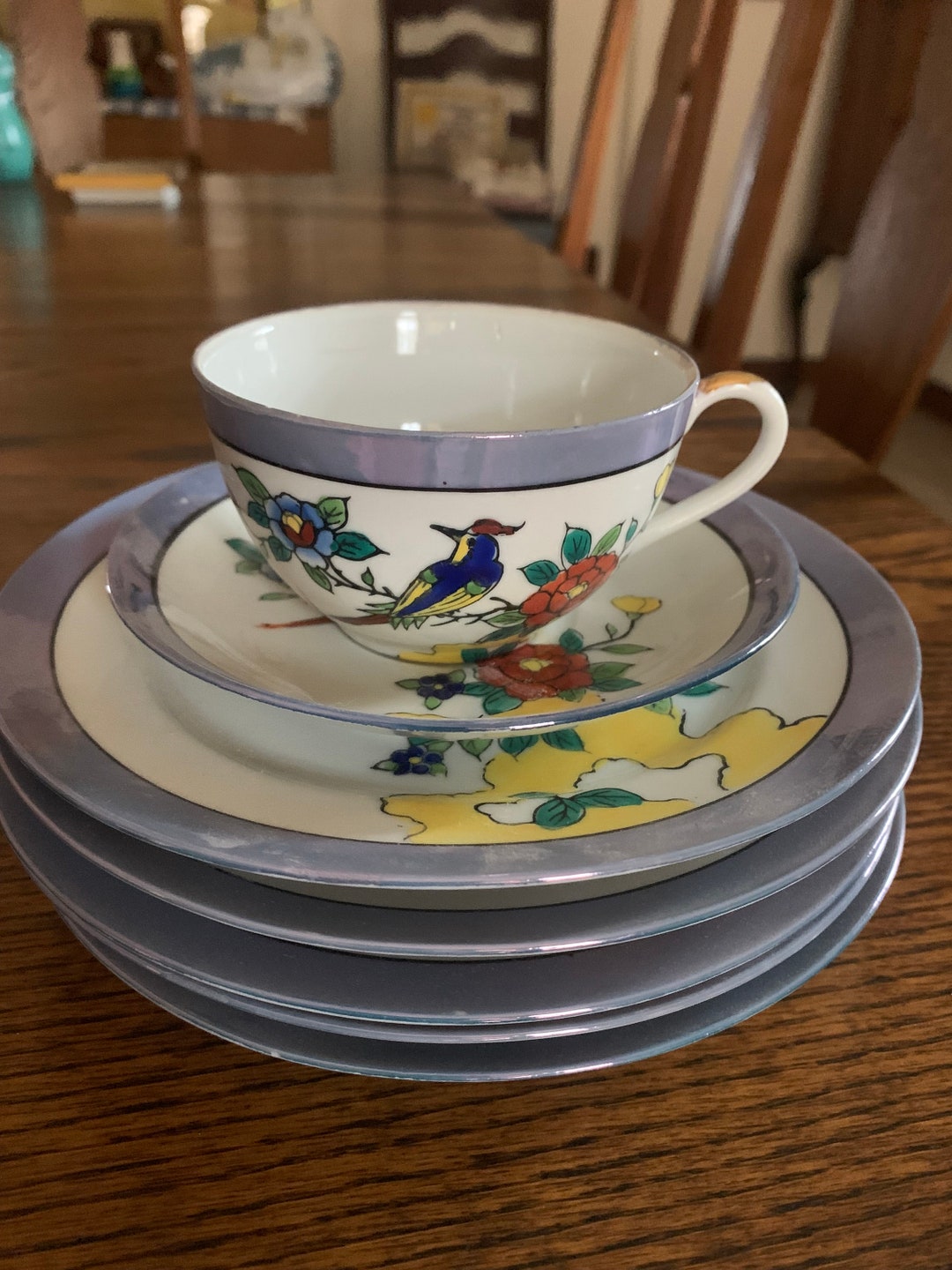 Rare Chikaramachi Bird of Paradise Plates+ Tea Cup, Blue Rim ...