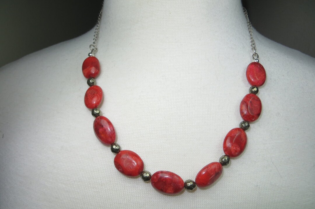 Coral and Pyrite Gemstone Necklace, Summer Jewelry, Coral Gemstone ...