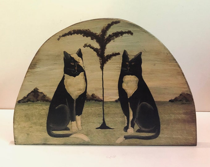 Primitive Folk Art Cat Painting on Wood Black & White Cats Rustic Cabin ...