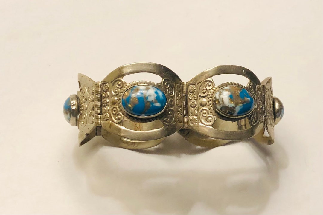 Vintage Mexican Turquoise White & Gold Stone Sterling Silver Panel ...