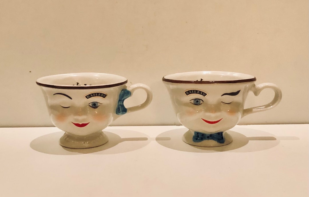 Vtg 90s Bailey's Irish Cream Yum Coffee Cups Winking Faces His and Hers ...