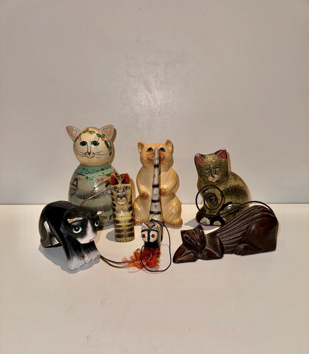 7 Whimsical Vtg Indonesian Folk Art Cat Statues Balinese Wood Indian ...