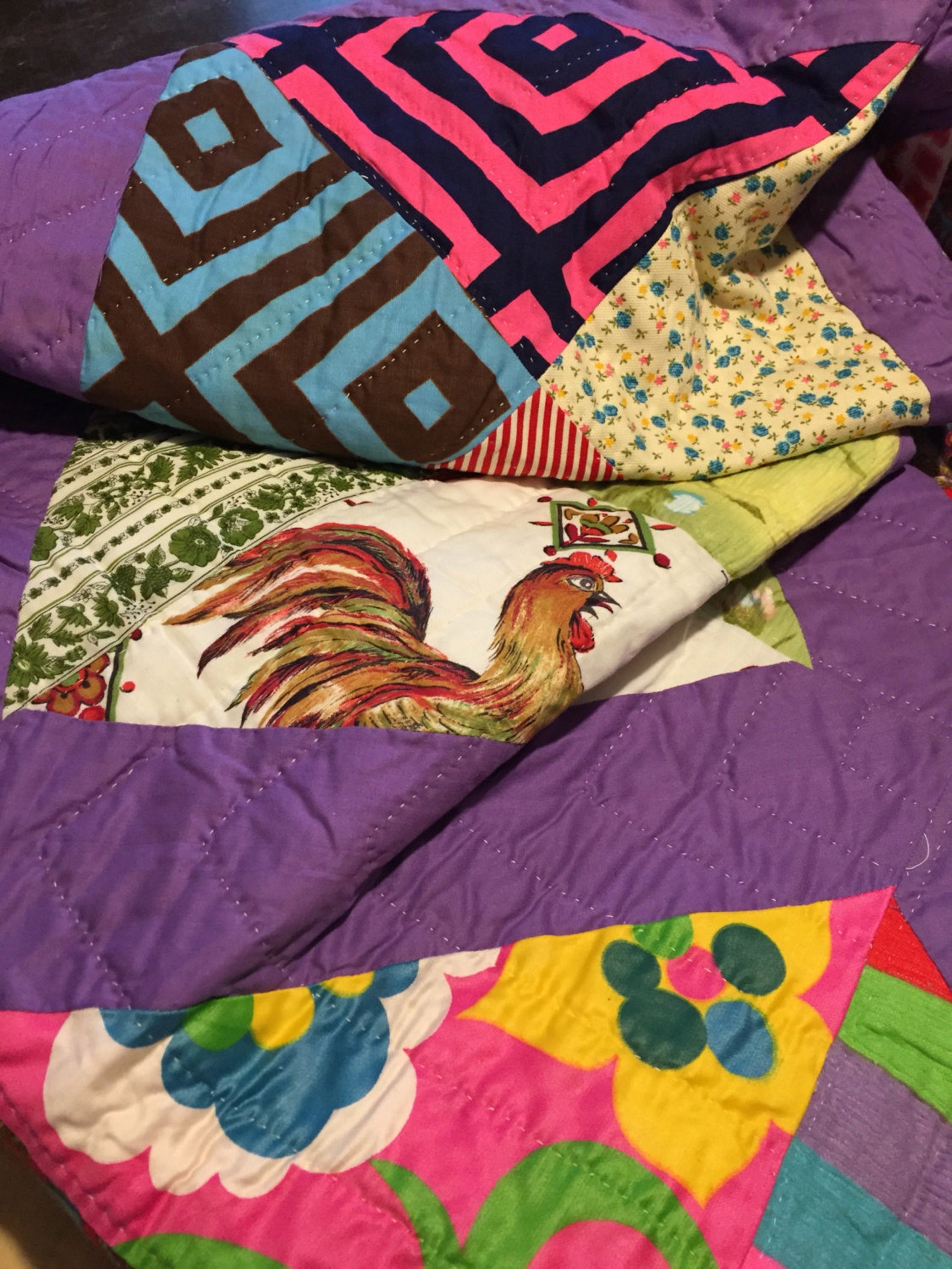 Antique Purple Retro Quilt w Roosters Op Art Designs Sailors | Etsy