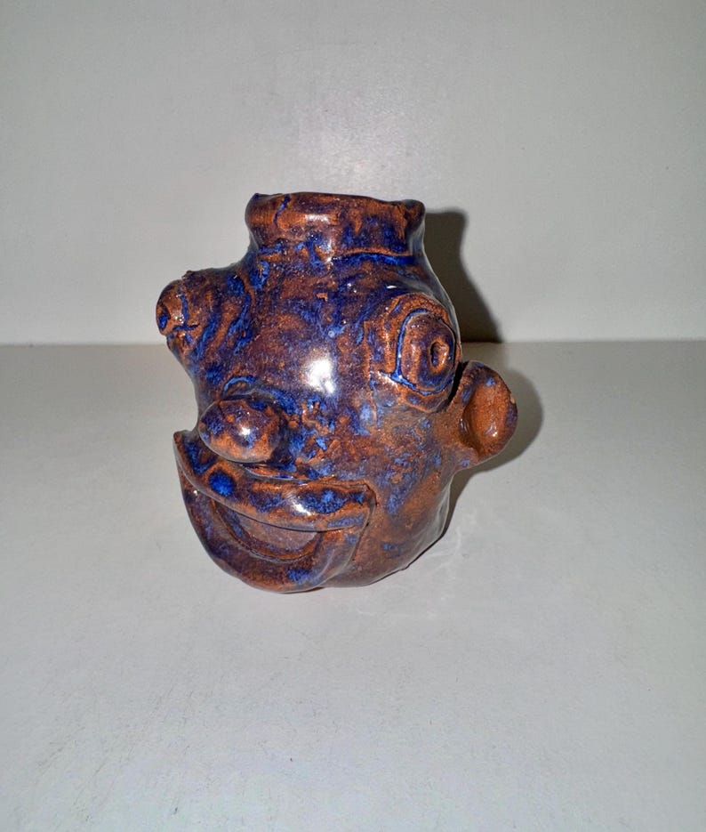 Vintage Ceramic Grotesque Folk Art Face Jug Redware Crock W Handle ...