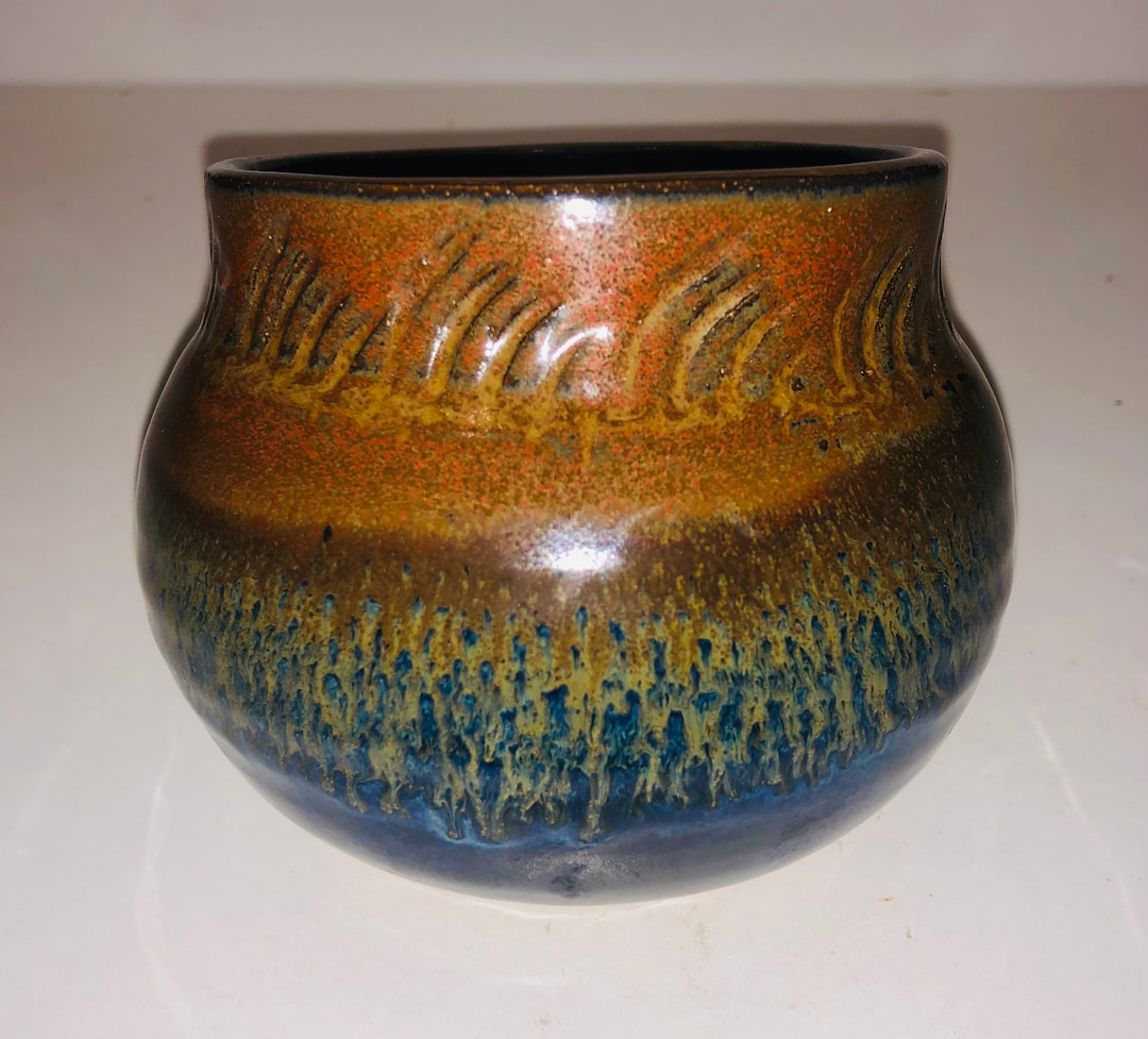 Studio Pottery Salt Pig Drip Glaze Ceramic Bowl Asymmetrical Weed Pot ...
