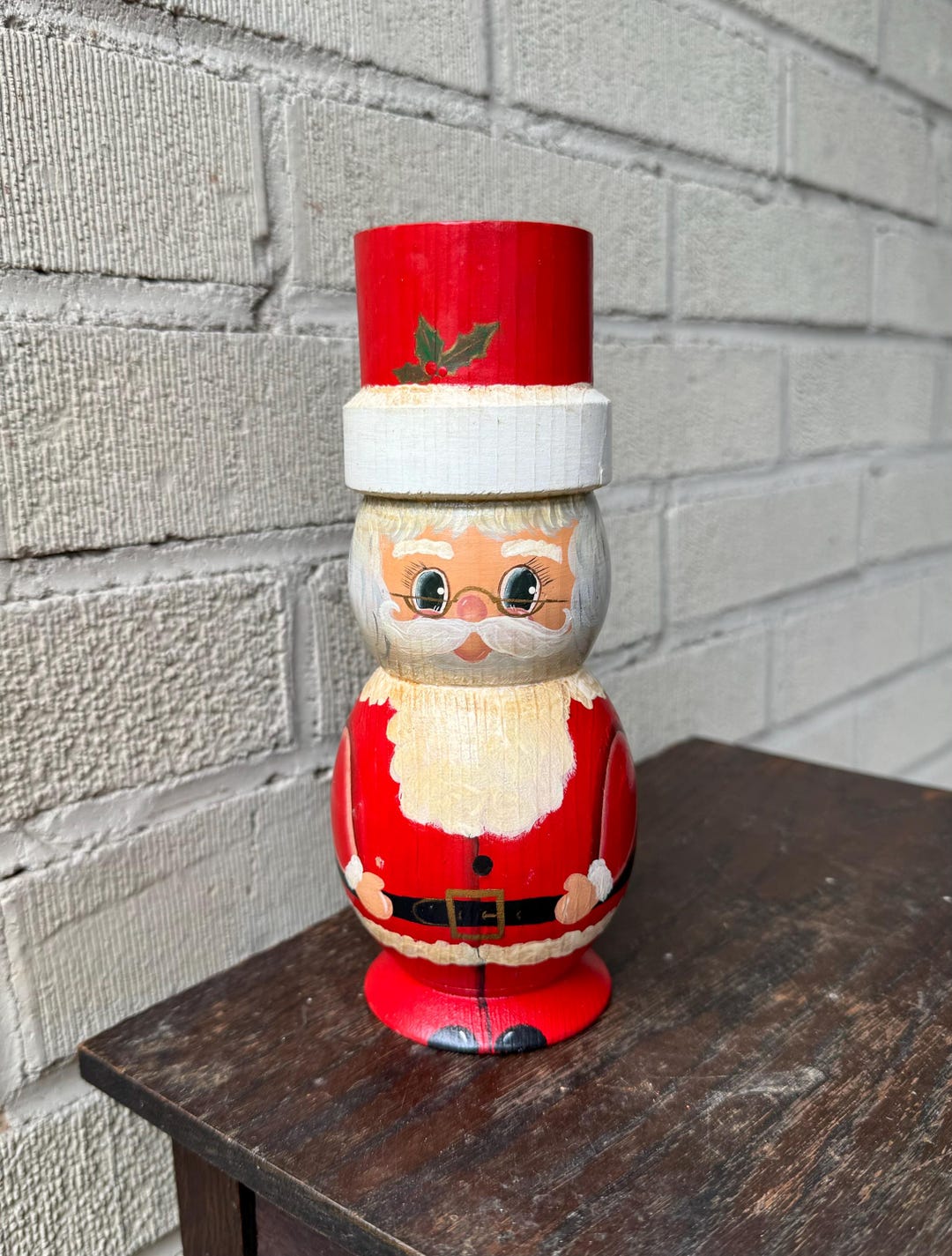 Hand Crafted Folk Art Santa Claus Candleholder Figure Christmas ...
