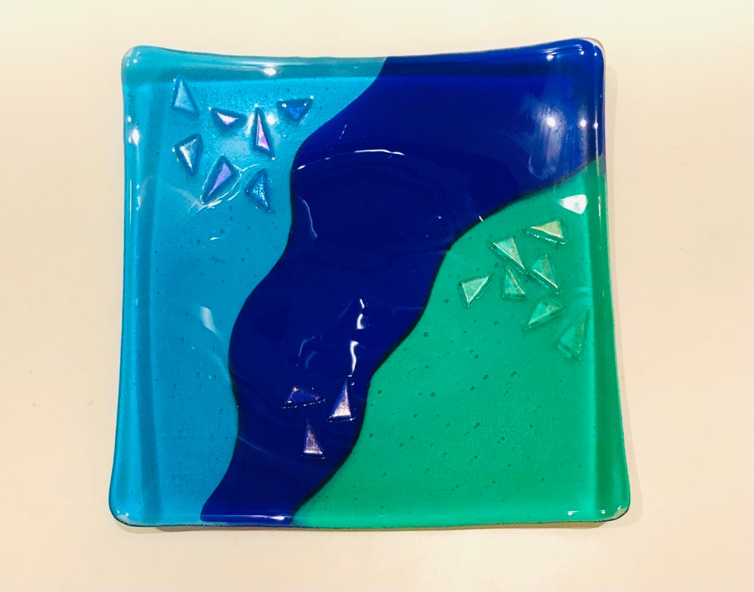 Vintage Fused Art Glass Square Plate Signed Fawn Post Modern Geometric ...