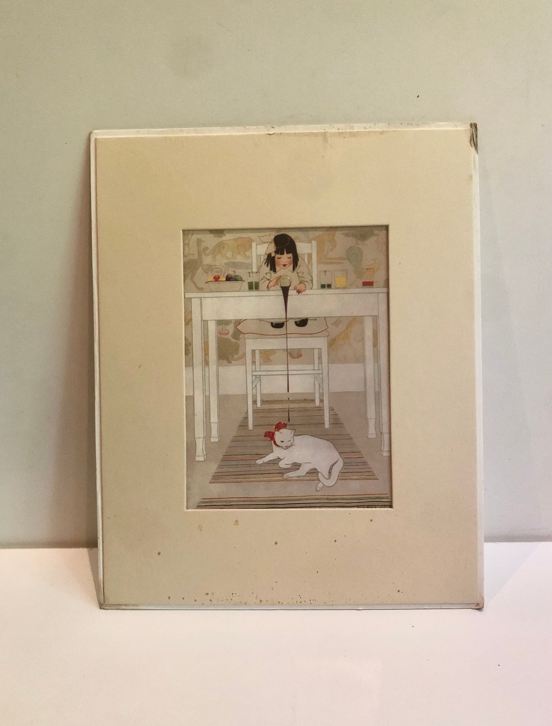 Vintage Art Deco “A Little Mischief” Girl With Cat Print Illustration ...