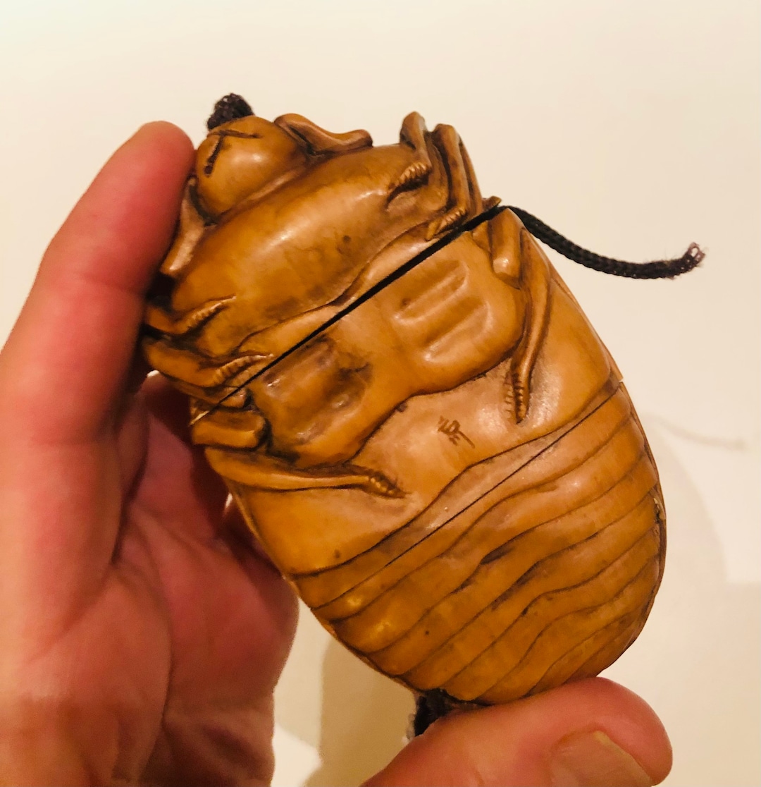Antique Figural Carved Signed Wooden Japanese Beetle Tobacco Pouch ...
