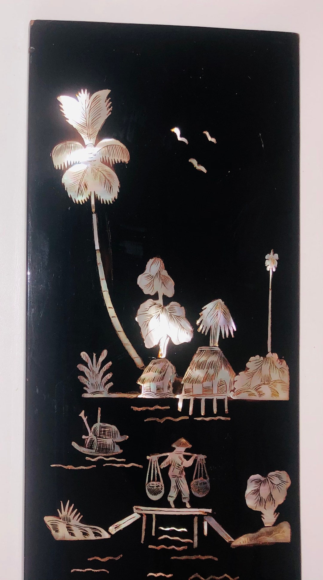 Elegant Vintage Korean Abalone Inlay Scenic Plaque Wooden Parquetry ...