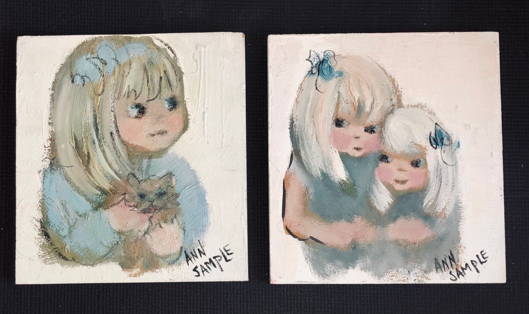 Adorable Pair Original Signed Ann Sample Mid Century Painting of Girl ...