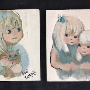 Adorable Pair Original Signed Ann Sample Mid Century Painting of Girl ...