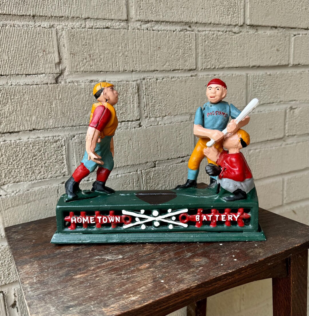 Vintage Cast Iron Hometown Battery Baseball Mechanical Bank Pitcher ...