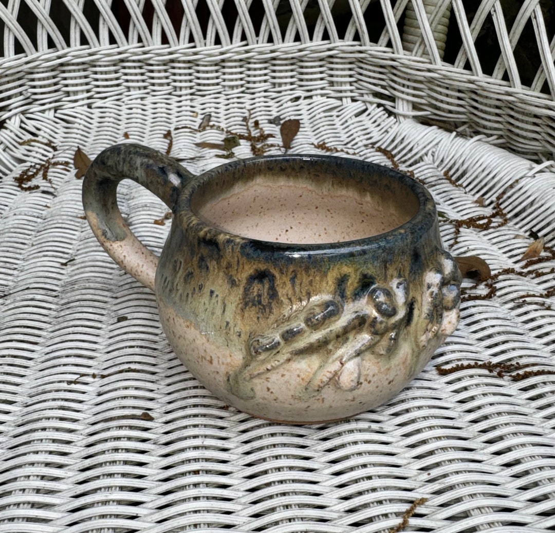 Large Hand Built Studio Pottery Ceramic Soup Mug Chowder Cup 3D Floral ...
