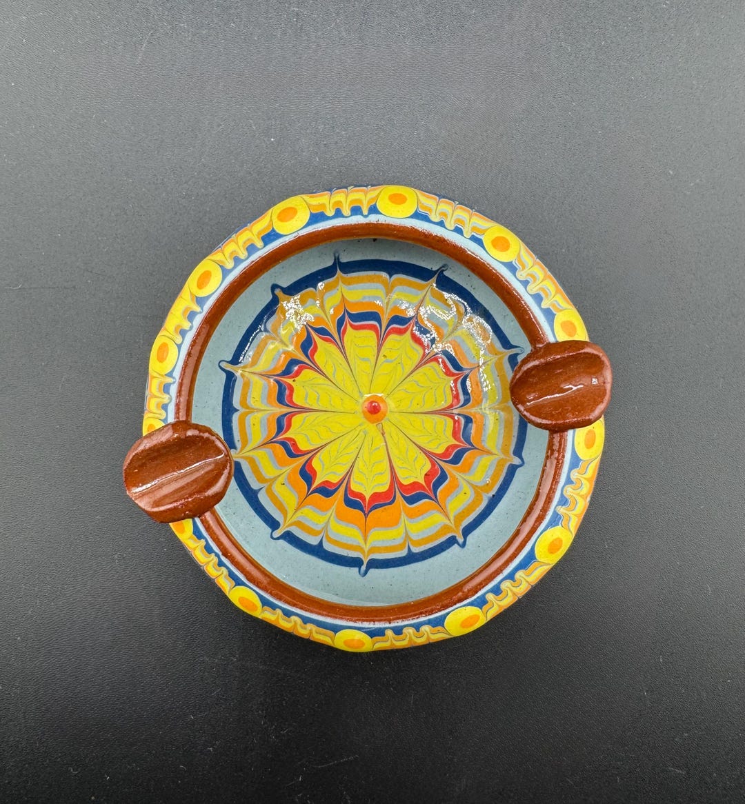 Vintage Handmade Bulgarian Redware Mini Ashtray Bright Swirl Polychrome ...