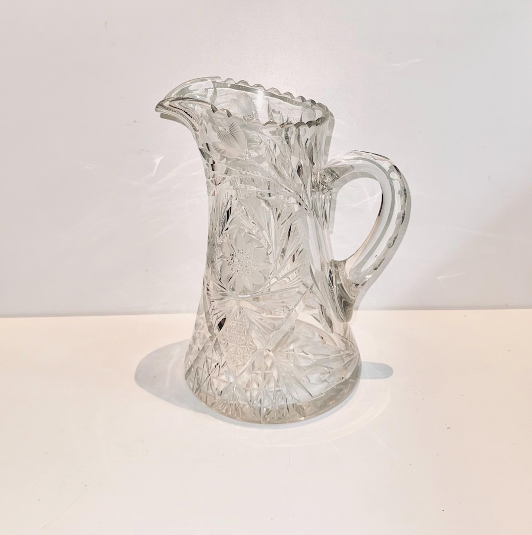 Elegant Crystal Water Pitcher Hobstar Criss Cross Cut Glass Tall ...