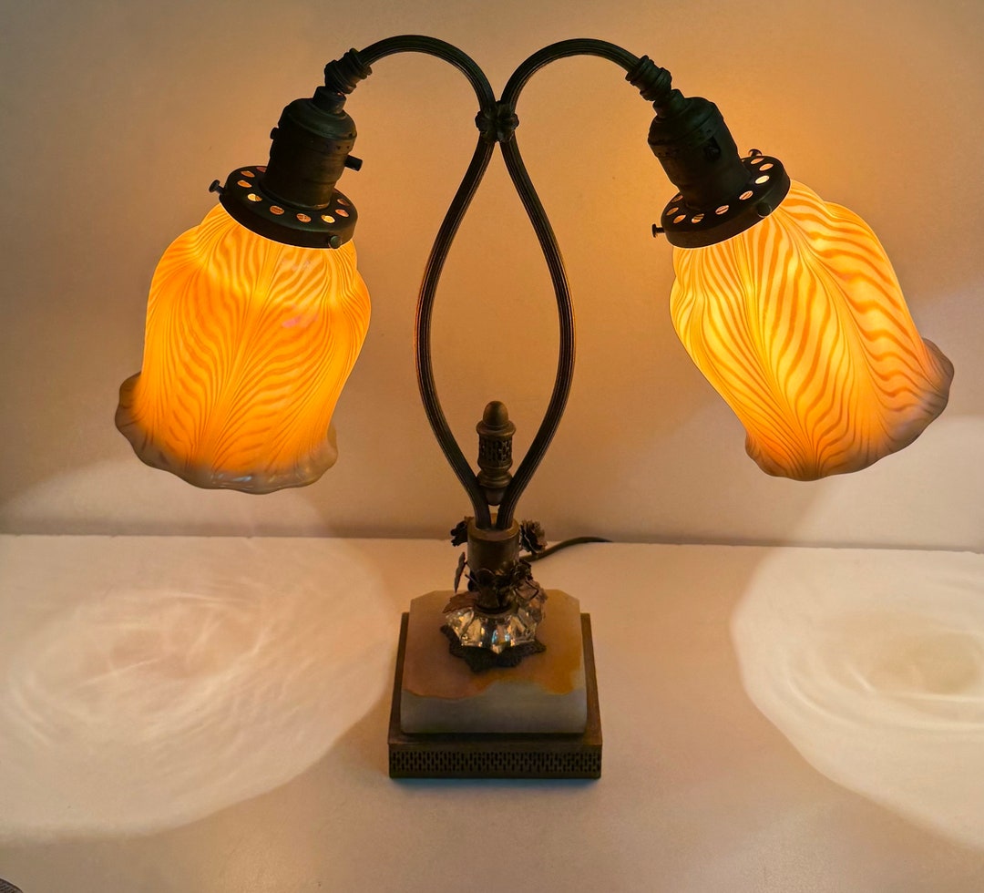 Antique Brass Banded Onyx Crystal Two Light Table Lamp Iridescent Art ...