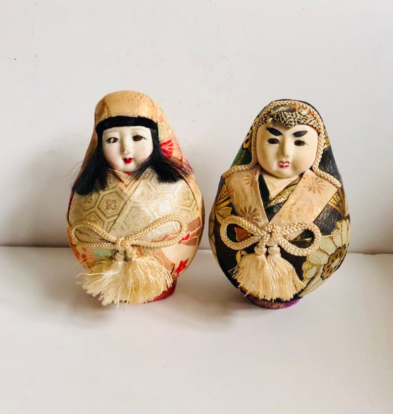 Vtg Japanese Princess Himedaruma Wedding Dolls Gofun Face Roly Poly ...