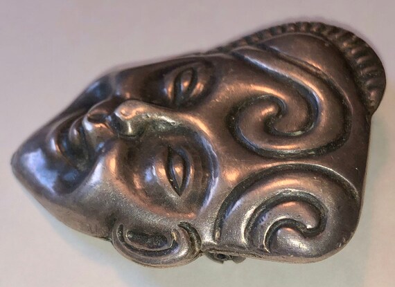 Vintage Mayan Tribal Mask Mexican Sterling Brooch Sil… - Gem
