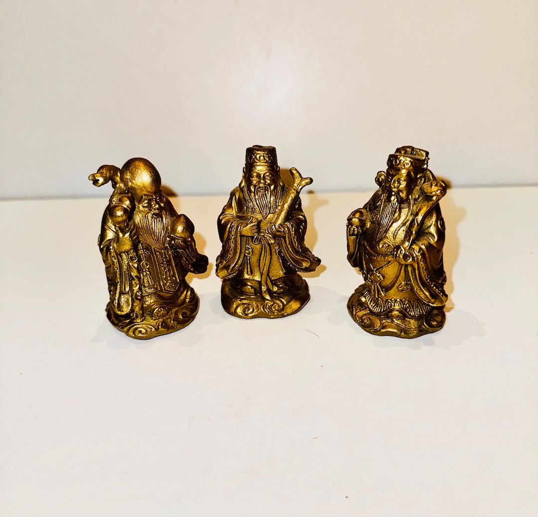 Vintage Brass Chinese Elder Statue Set 3 Feng Shui Fu Lu Shou Wise Men ...