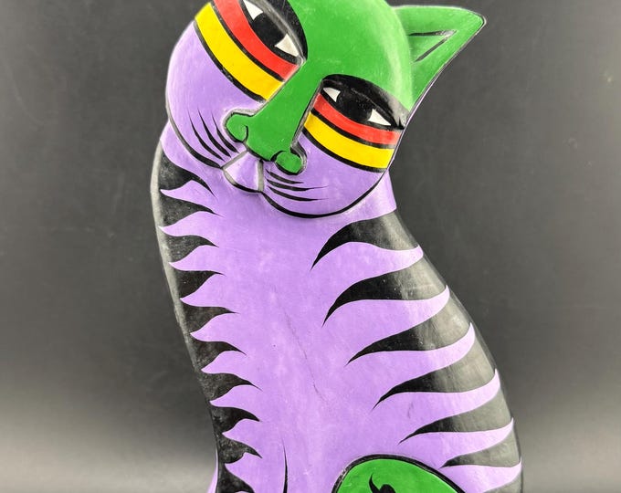 Vintage Laurel Burch Style Cat Statue Balinese Wood Carved Bright ...