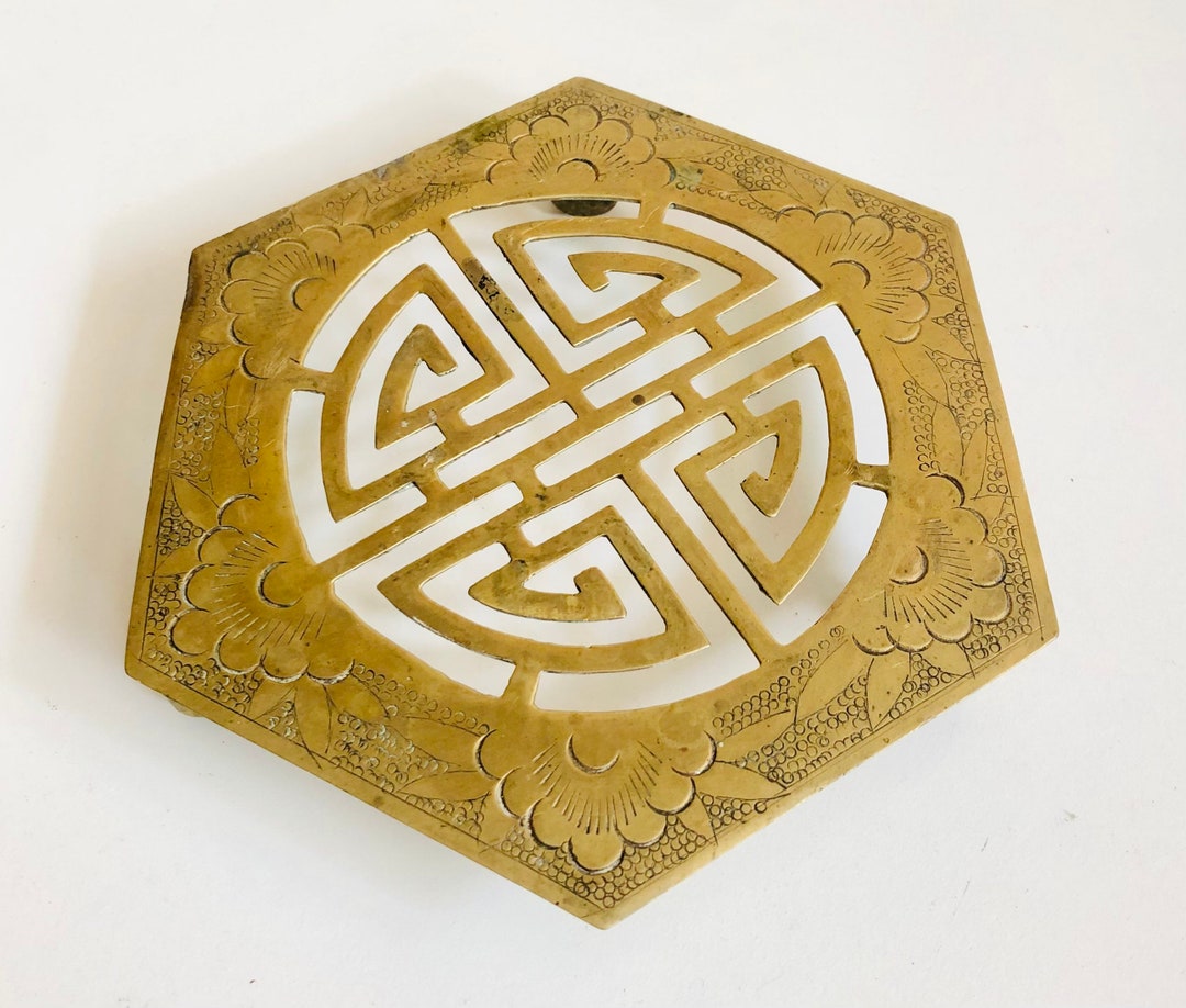 Vintage Brass Chinese Trivet Chinese Shou Symbol Longevity Symbol Six ...