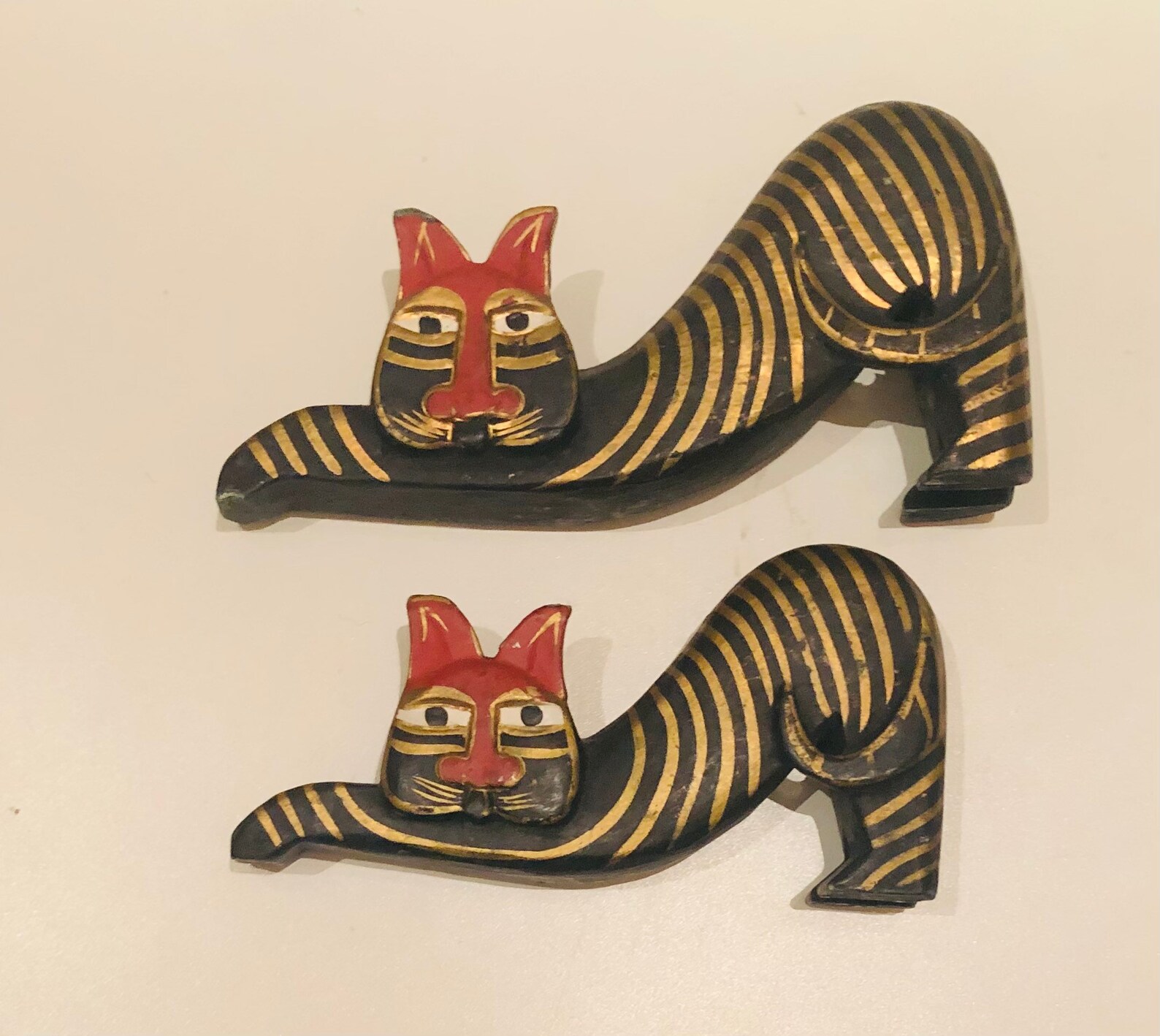 Vintage Pair Laurel Burch Style Gold Striped Cat Statues Balinese Wood ...