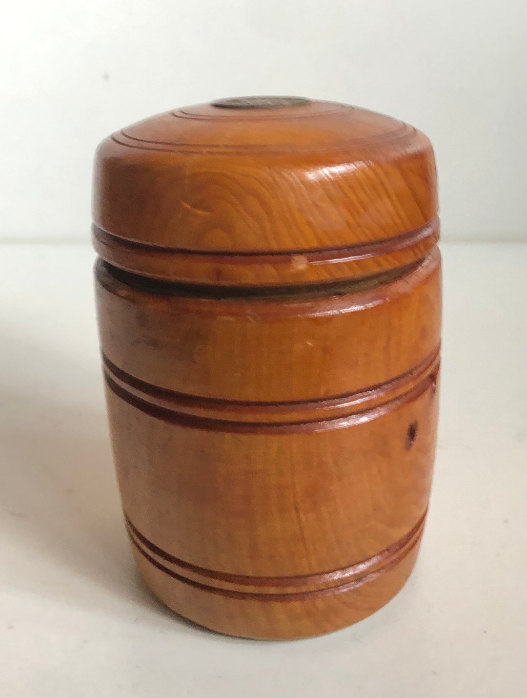 Lovely Vintage Treenware Box Barrel Shaped Container With 1960 Lebanese ...