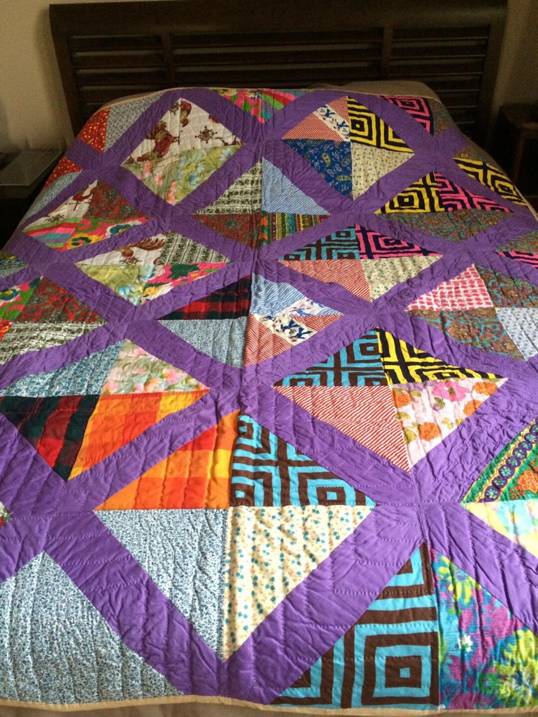Fabulous Vintage Mid Century Purple Geometric Quilt Roosters Sailors ...