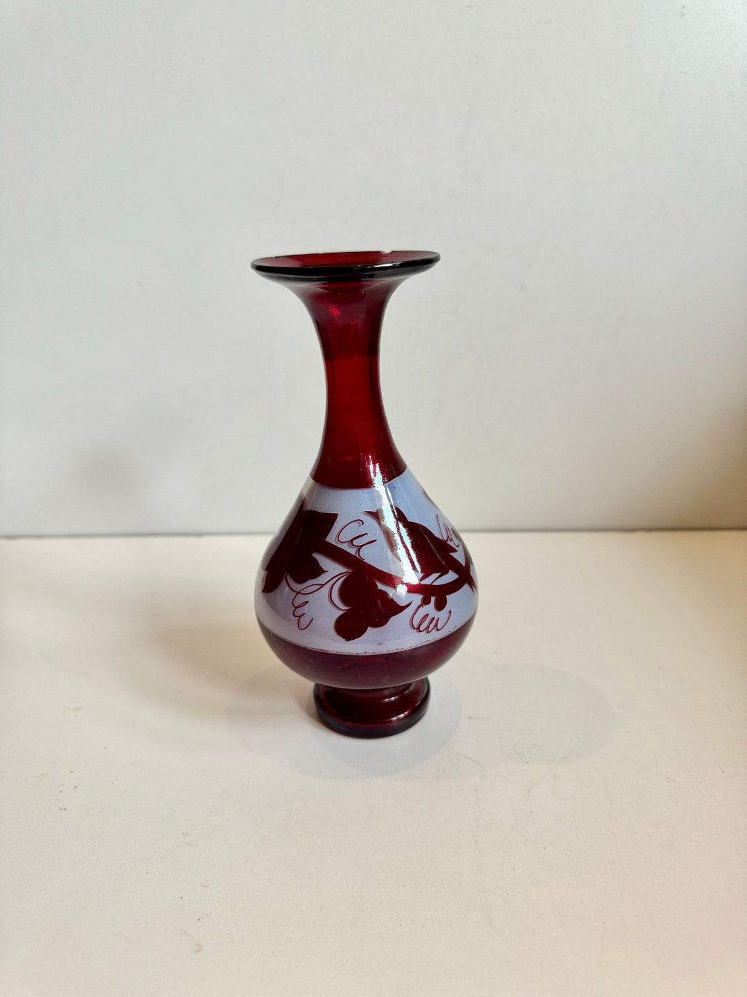 Antique Victorian Bohemian Ruby Red Flash Glass Bud Vase W Reverse ...