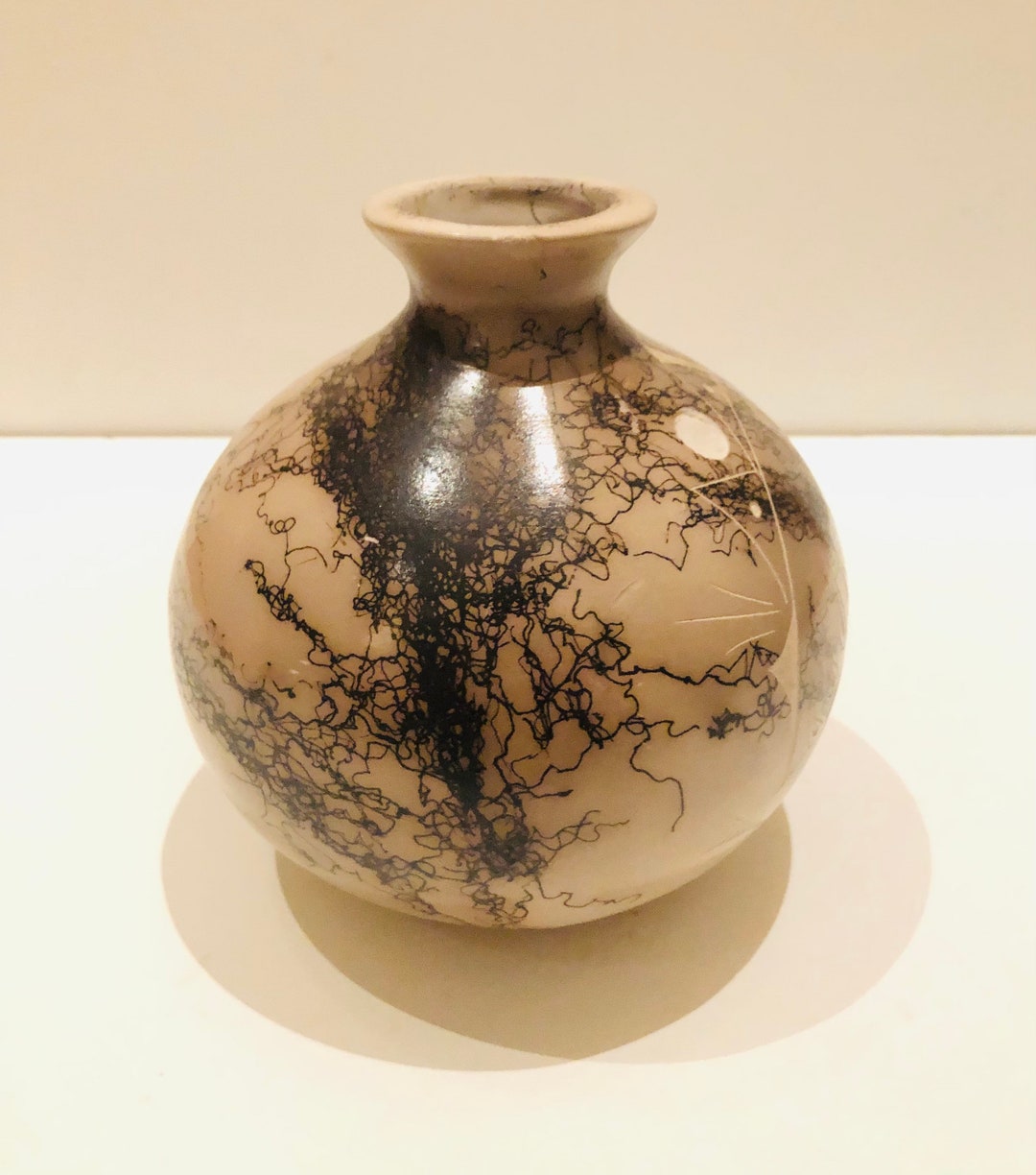Vintage Art Pottery Horsehair Ball Vase Folk Art Pottery Scrimshaw Like ...