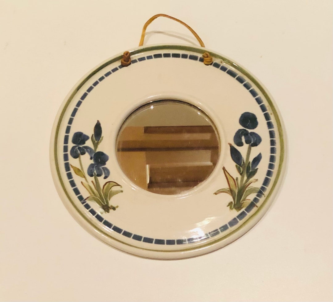 Lovely Little Hand Made Ceramic Wall Mirror W Purple Blue Irises Signed ...