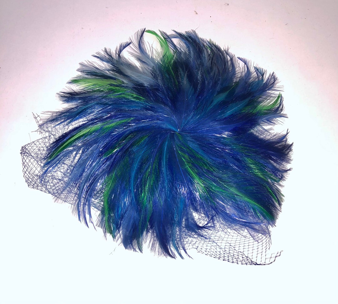 Vintage Walter Magnus Feather Fascinator Bright Blue and Green Feathers ...