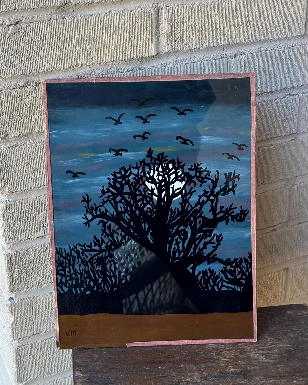 Reverse Painting on Glass Full Moon & Trees Night Sky Georgia Folk Art ...
