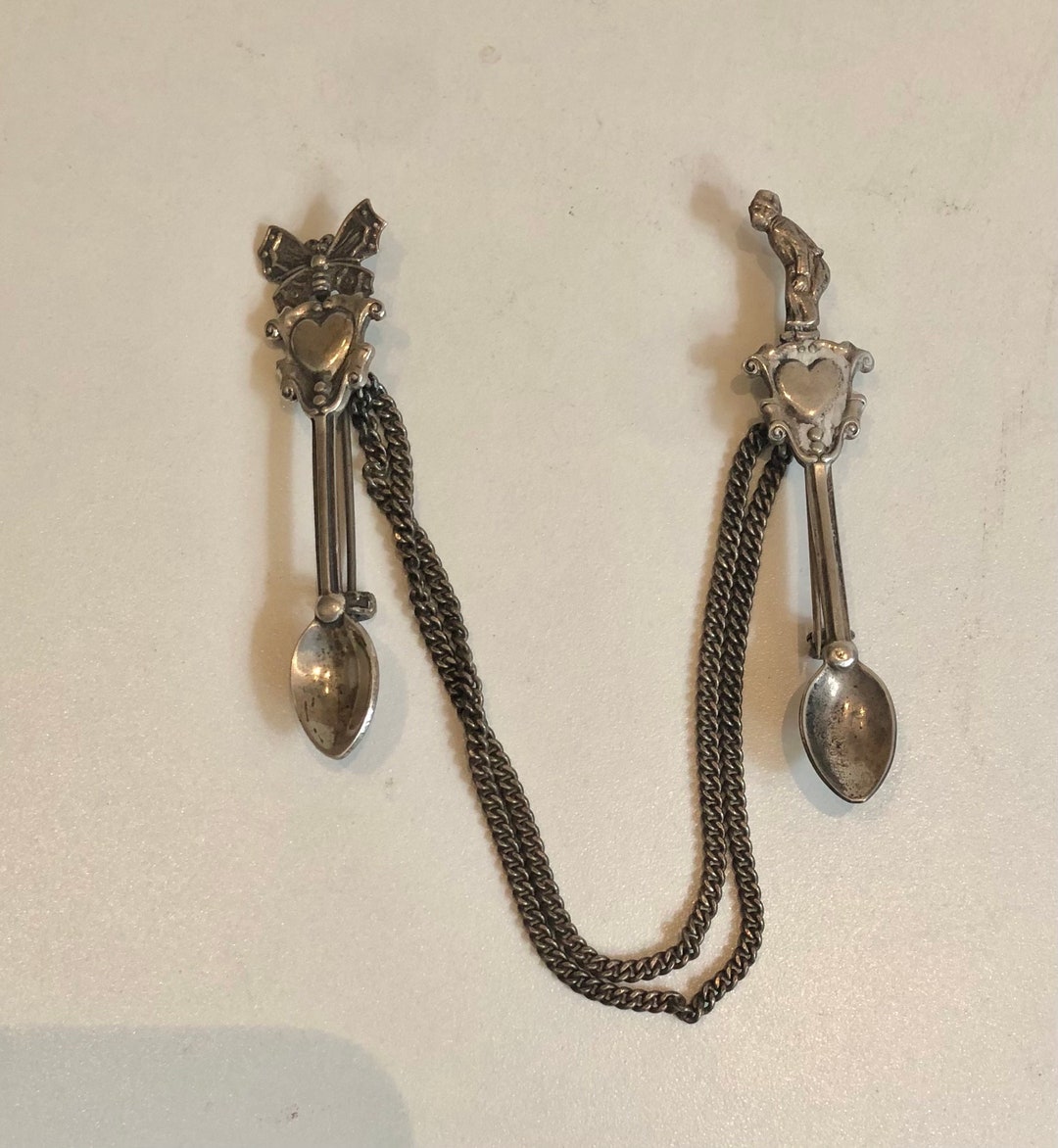 Vintage Sterling Silver Heart Spoon Pin Chatelaine Brooch Butterfly ...