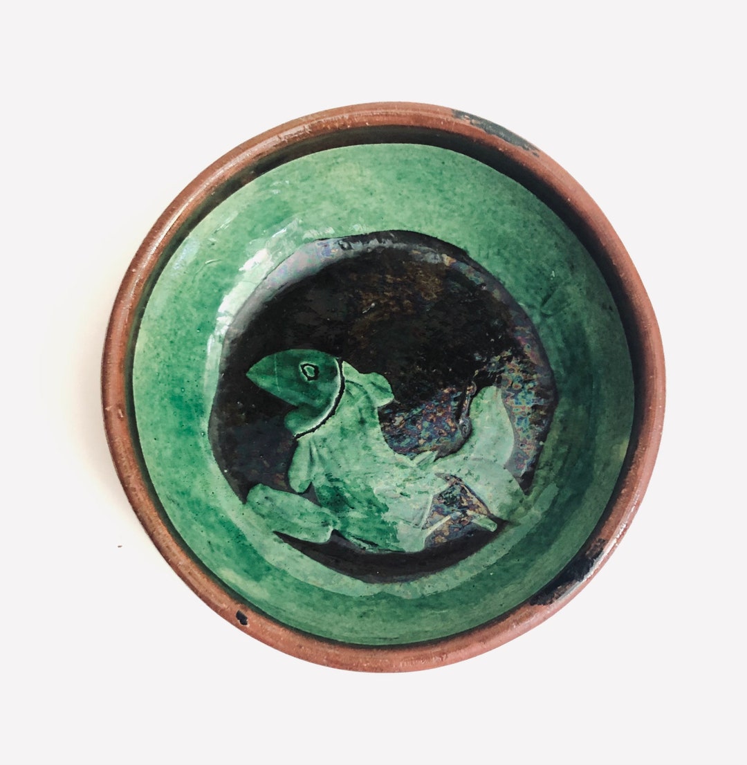 Vintage Terracotta Bowl Green W Irridescent Glaze Ceramic Fish Art ...
