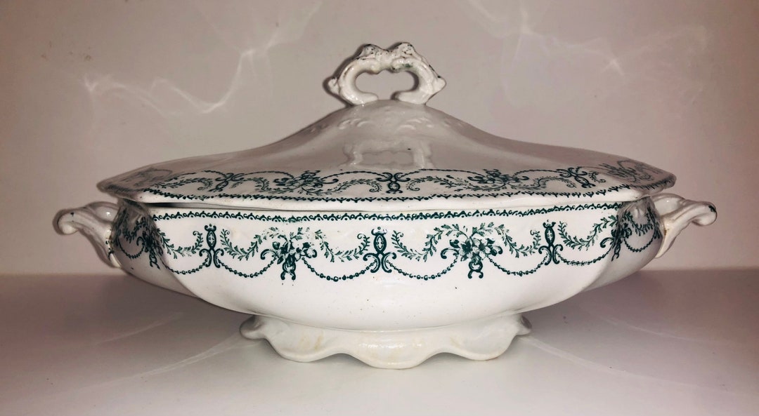 Antique English Victorian Transferware Garlands Casserole Covered Dish ...