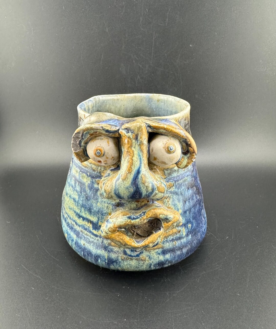 Vintage 3D Ugly Face Mug Blue Man Folk Art Pottery Sculpture Whimsical ...