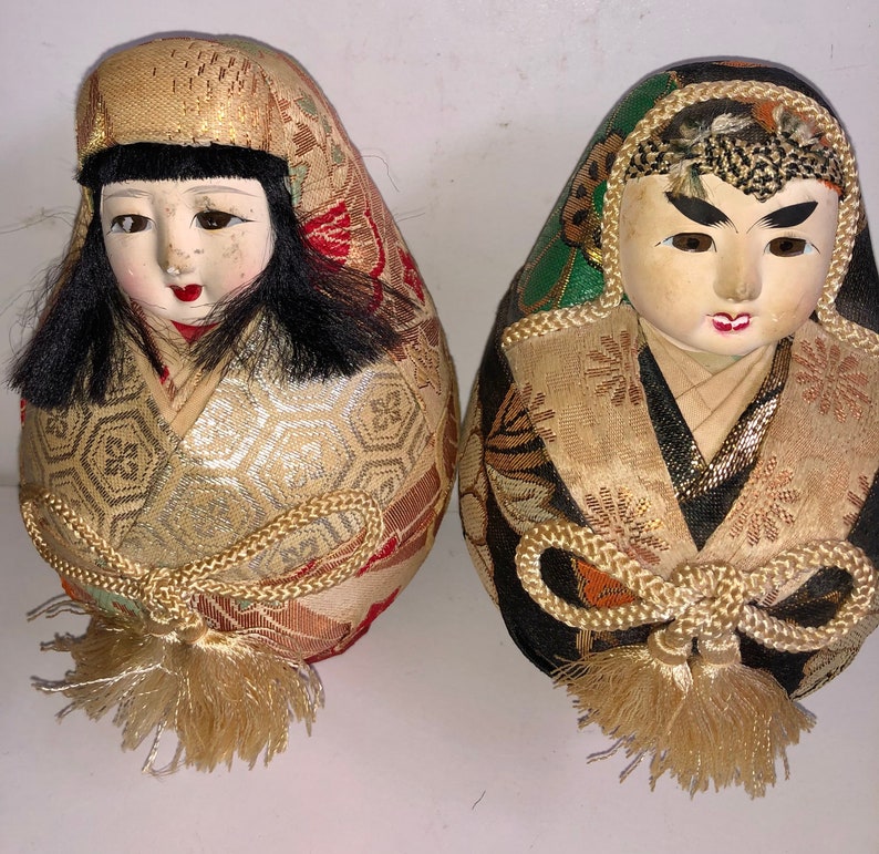 Vtg Japanese Princess Himedaruma Wedding Dolls Gofun Face Roly Poly ...