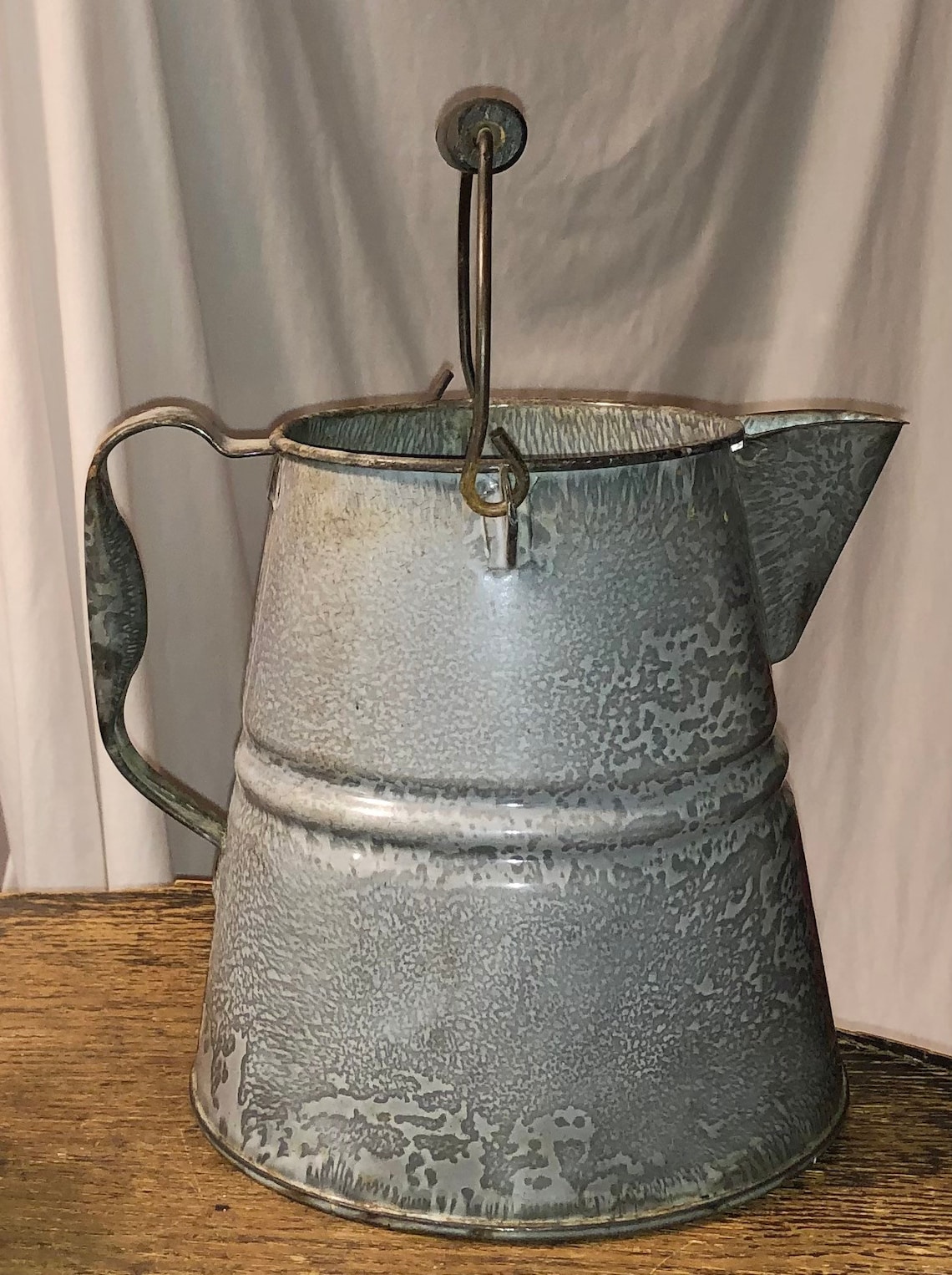 Vintage Grey Enamel Graniteware Kettle Cowboy Coffee Pot Metal & Wood ...