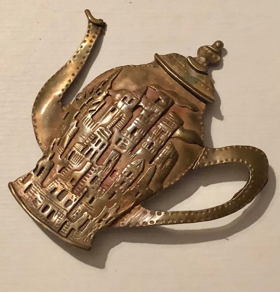 Handmade Copper Turkish Coffee Pot Brooch Artist Sign… - Gem