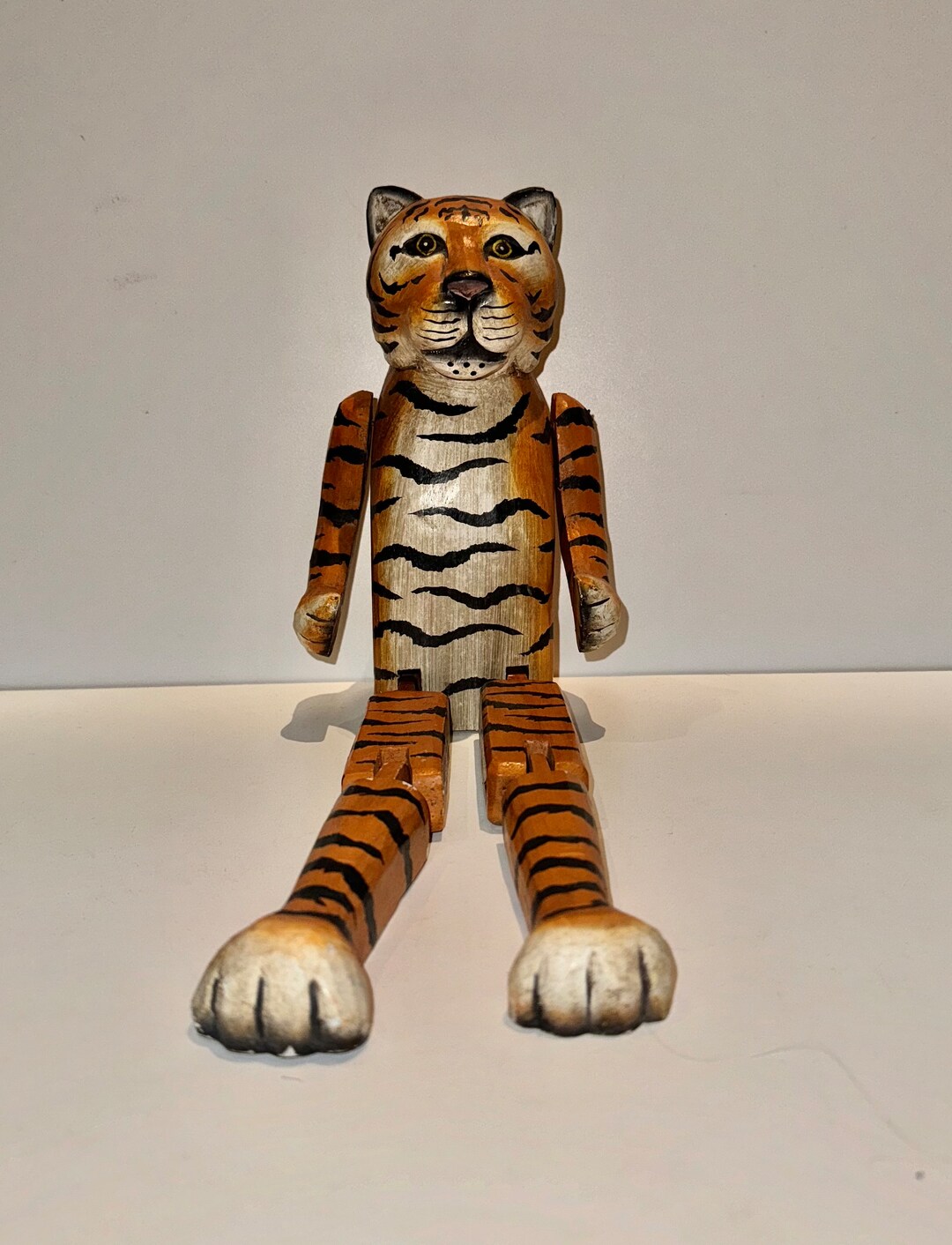 Vintage Folk Art Tiger Shelf Sitter Carved Wood Articulated Arms & Legs ...