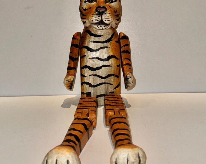 Vintage Folk Art Tiger Shelf Sitter Carved Wood Articulated Arms & Legs ...