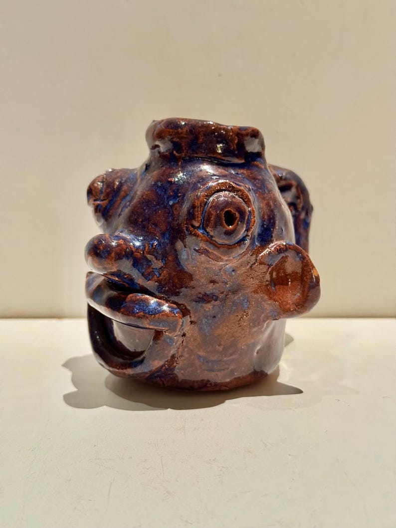 Vintage Ceramic Grotesque Folk Art Face Jug Redware Crock W Handle ...