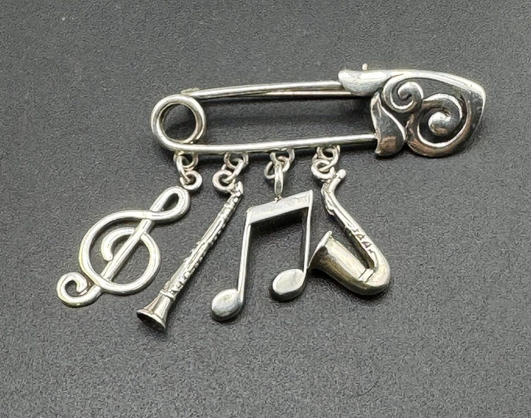 Vintage Jezlaine Dangling Musical Instrument Safety Pin Brooch Treble ...
